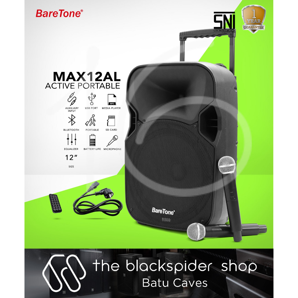 Baretone MAX-12AL 12" Portable Speaker with Two UHF Wireless Microphone ...