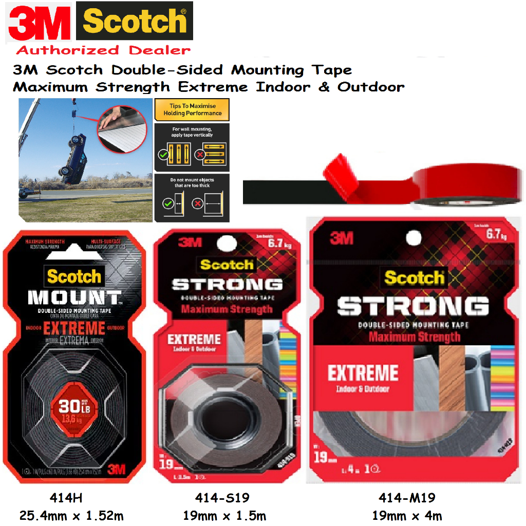 3M Scotch Mount Extreme Indoor Outdoor Maximum Strength Double Sided Mounting Tape Strongest ...