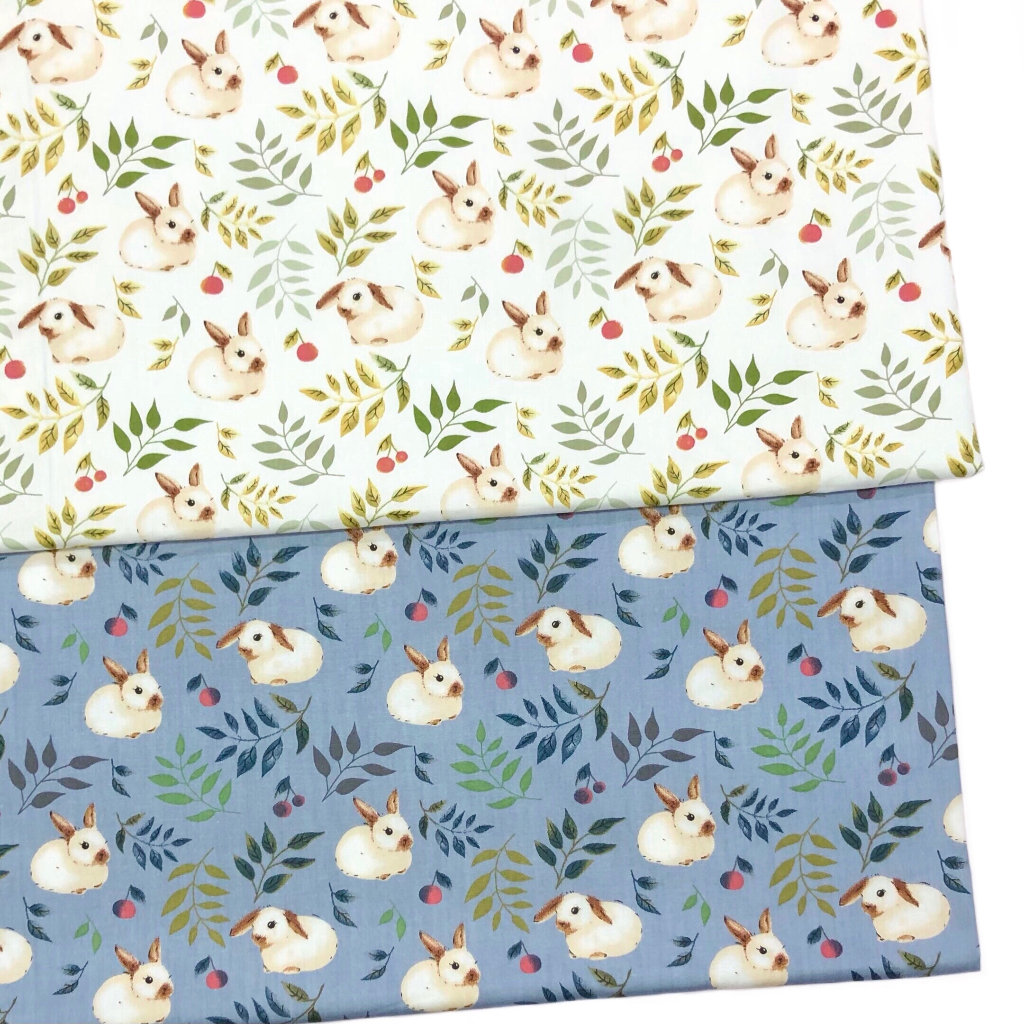 Kain Comb Cotton Corak Arnab & Daun (Bidang 60”) / Rabbit Bunny Leaf ...