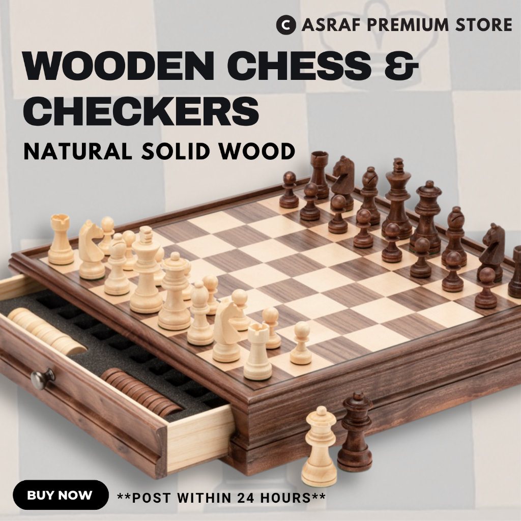 [Post 24H] 15" WOODEN CHESS & CHECKERS Storage Drawer German King ...