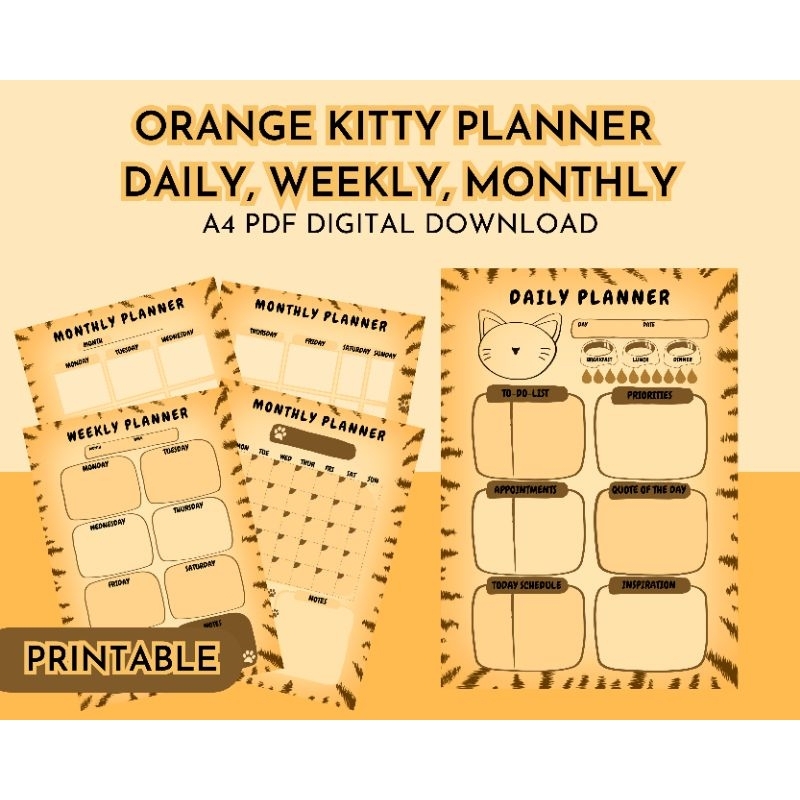 [CAT THEMED] Orange Kitty Printable Planner PDF - Daily, Weekly ...