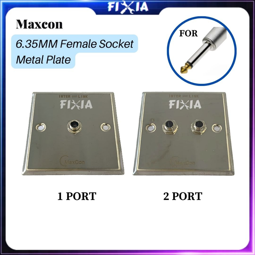 Maxcon Single/Double 6.35mm Mono Jack Female Socket 3" x 3" 1Way/2Way Metal Wall Plate Socket ...