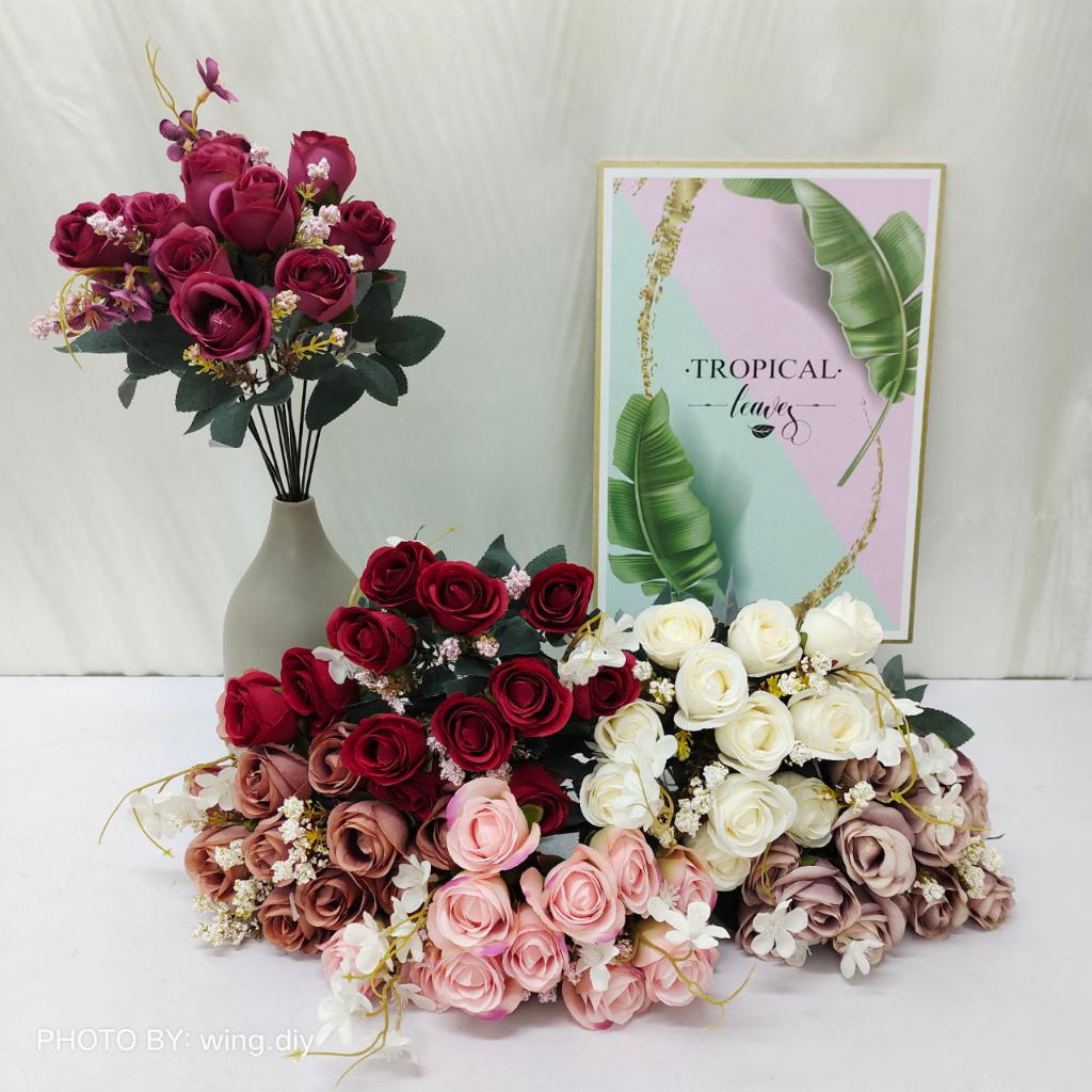 1 BUNCH | ARTIFICIAL 12 HEADS SWEET ROSE FLOWER BUSH FOR DECORATION ...