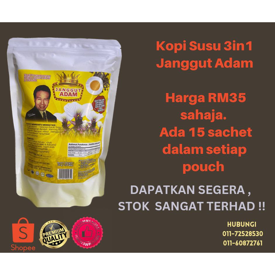 KOPI SUSU JANGGUT ADAM (15 sachet per pouch) KOPI SEDAP DENGAN CAMPURAN HERBA TERBAIK. | Shopee ...