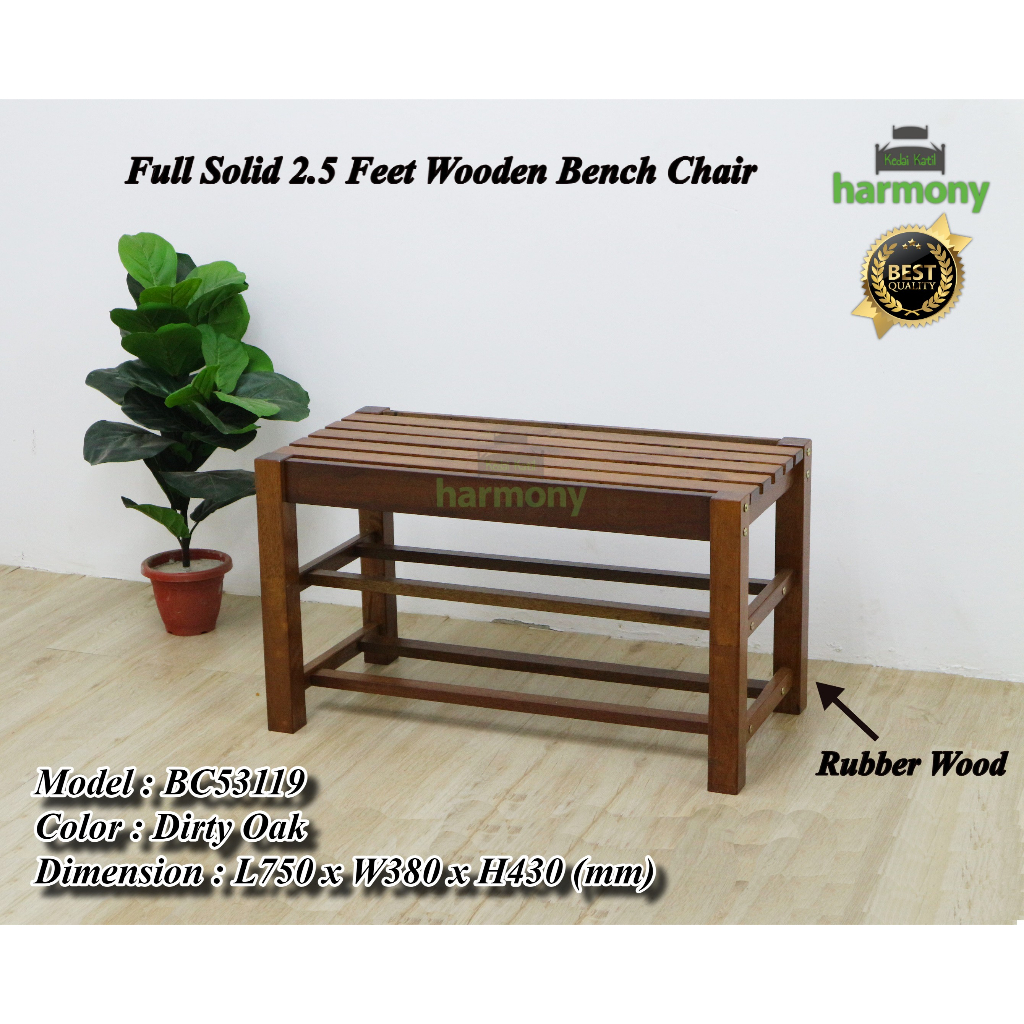 Harmony Full Solid Wooden Bench Chair / Kerusi Kayu Getah / Outdoor Bench Chair / 4ft Wooden ...