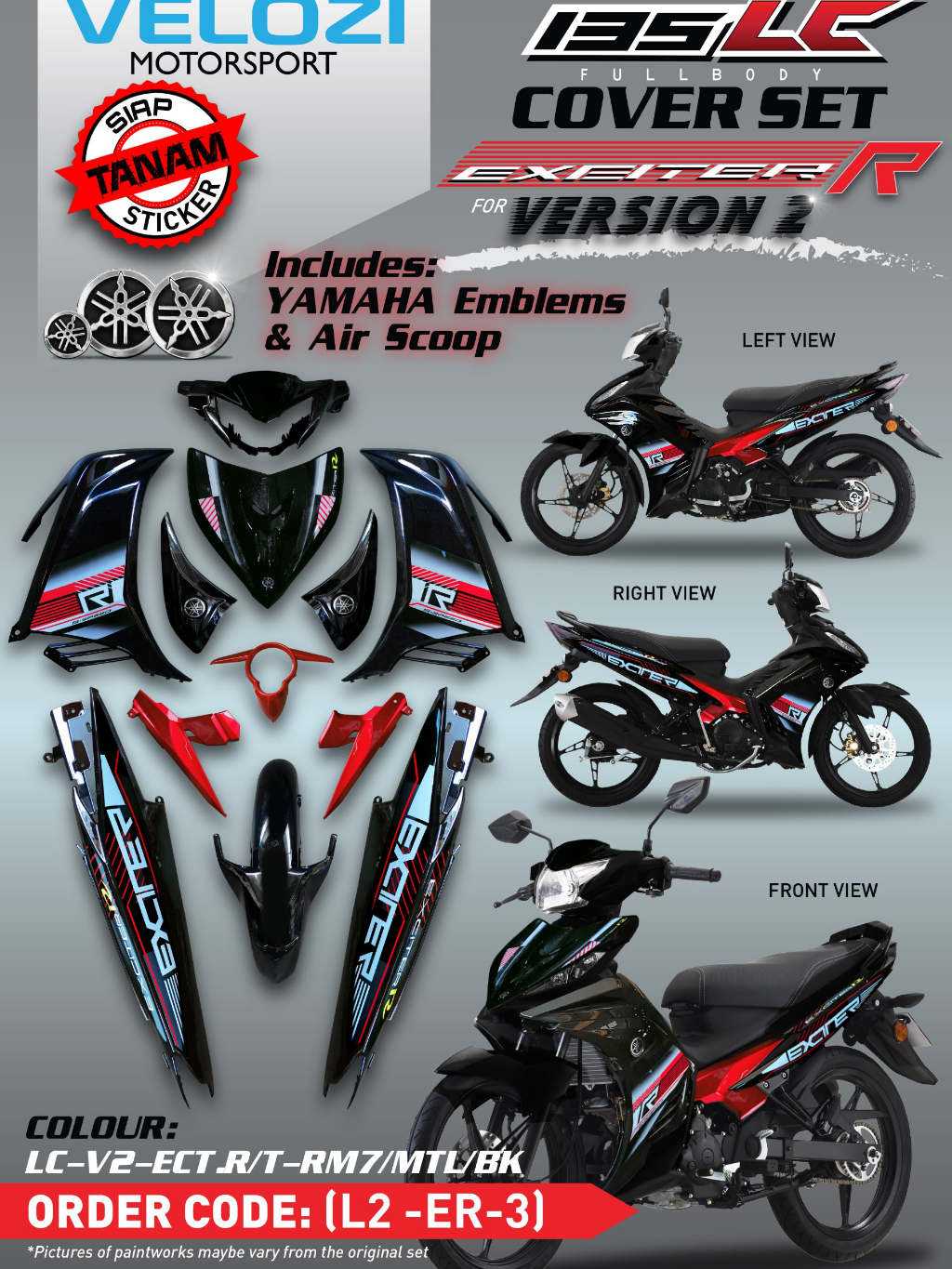 MALIBU COVERSET YAMAHA LC LC135 V2 EXCITER R RM7 BLACK RED HITAM MERAH ...