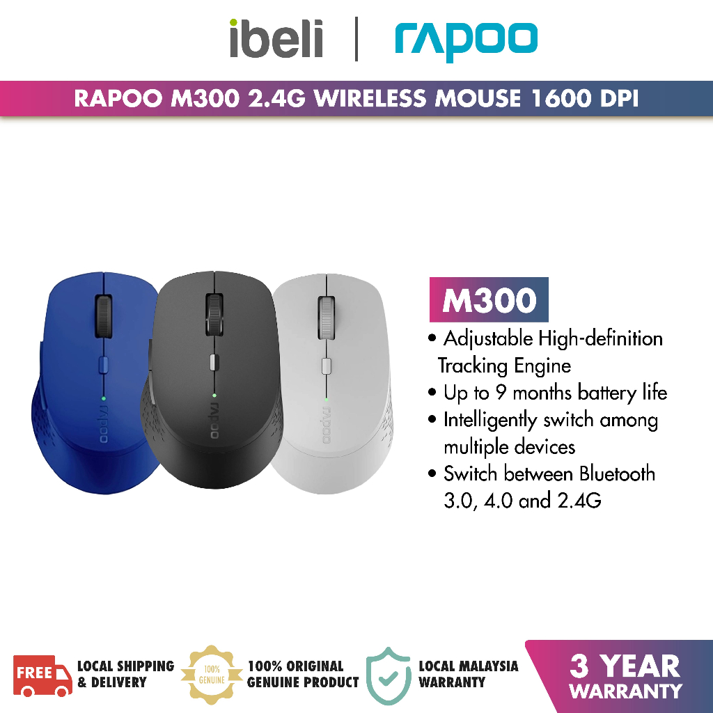 Rapoo M300 Silent Multi Mode 2.4G Wireless Mouse Bluetooth Mouse 1600 ...