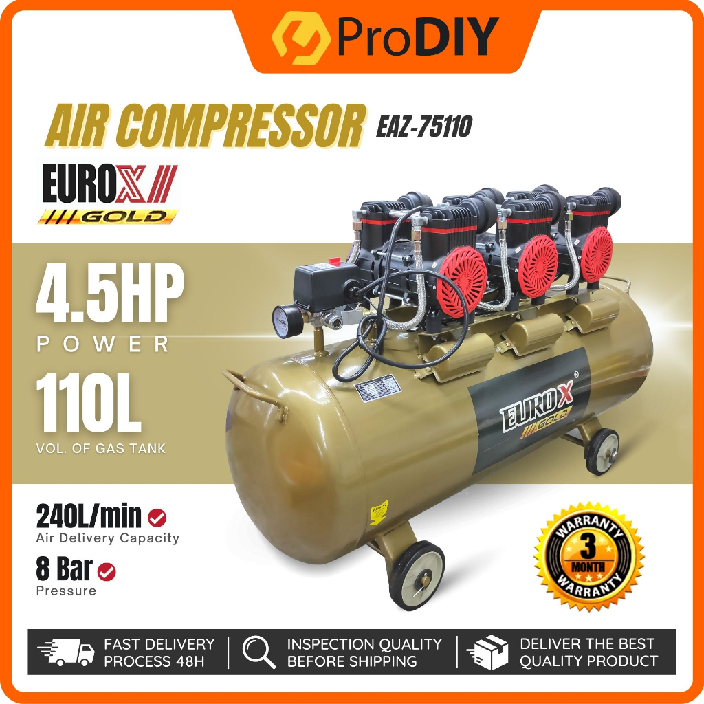 EUROX GOLD Air Compressor 110L 4.5HP 8Bar 230v 2850rpm Oilless Air Compressor Kompressor Angin ...