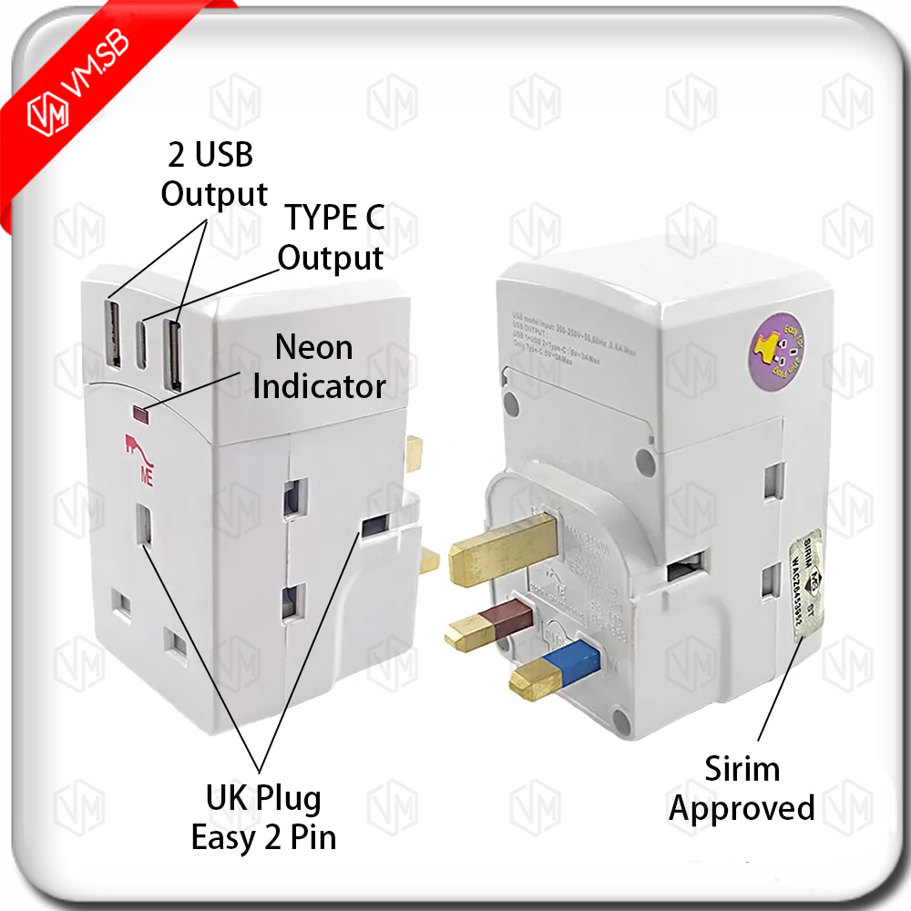 USB 3 Way Adaptor Adapter Adaport Trailing Travel Traveller Neon Multi ...