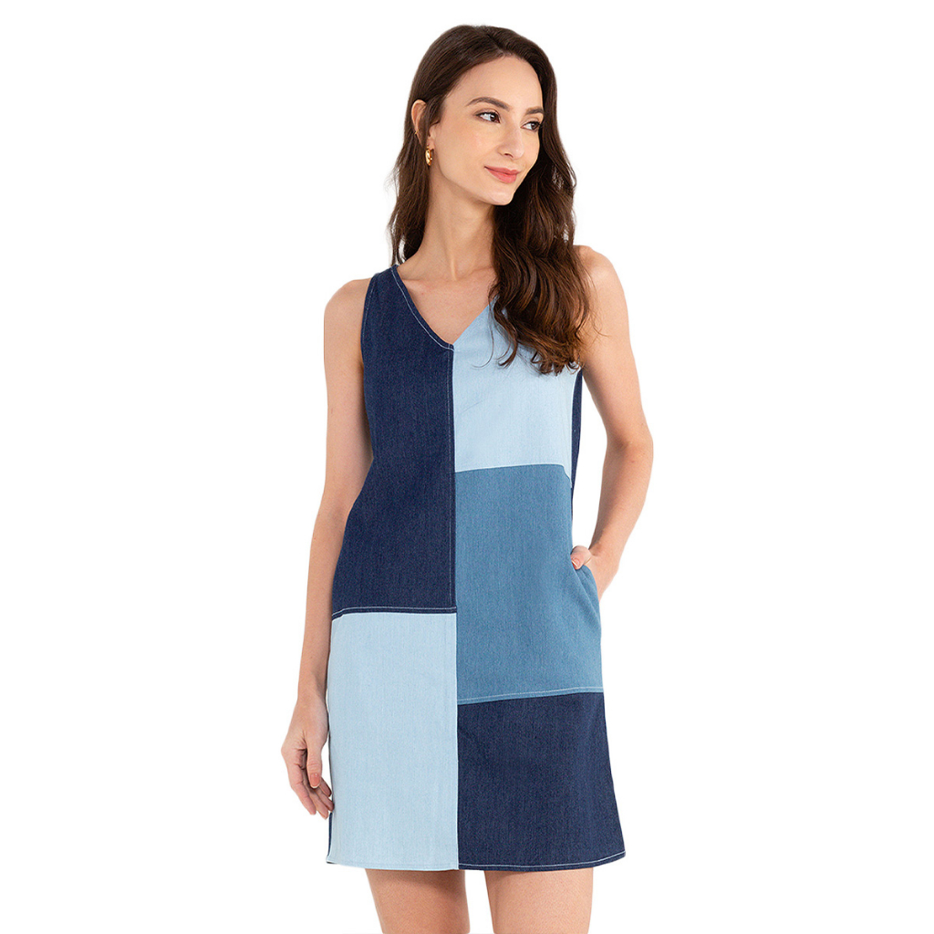 ELLE Apparel V-Neck Color Block Denim Mini Dress ES100659-A302305 ...