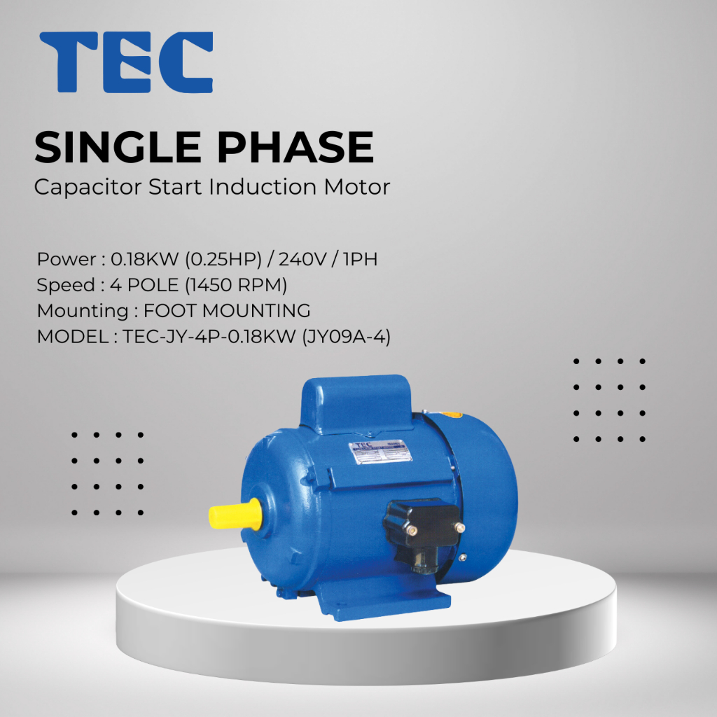 TEC JY-Series Single Phase Induction Motor (0.25HP - 1.0HP) 4P/B3/JY09A ...