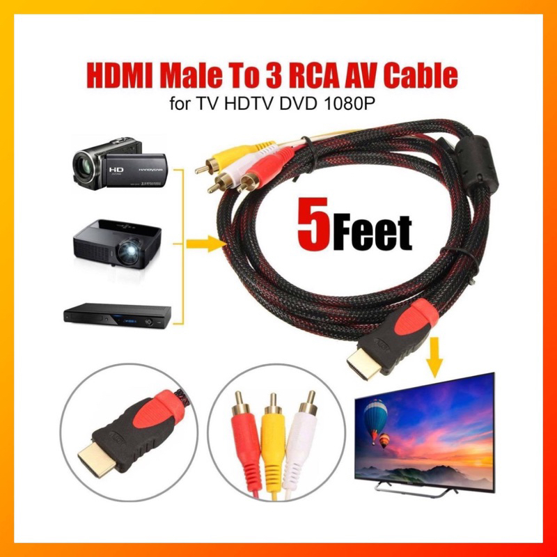 HDMI Male To 3 RCA AV Audio Video 5FT Cable Cord Adapter For TV HDTV ...