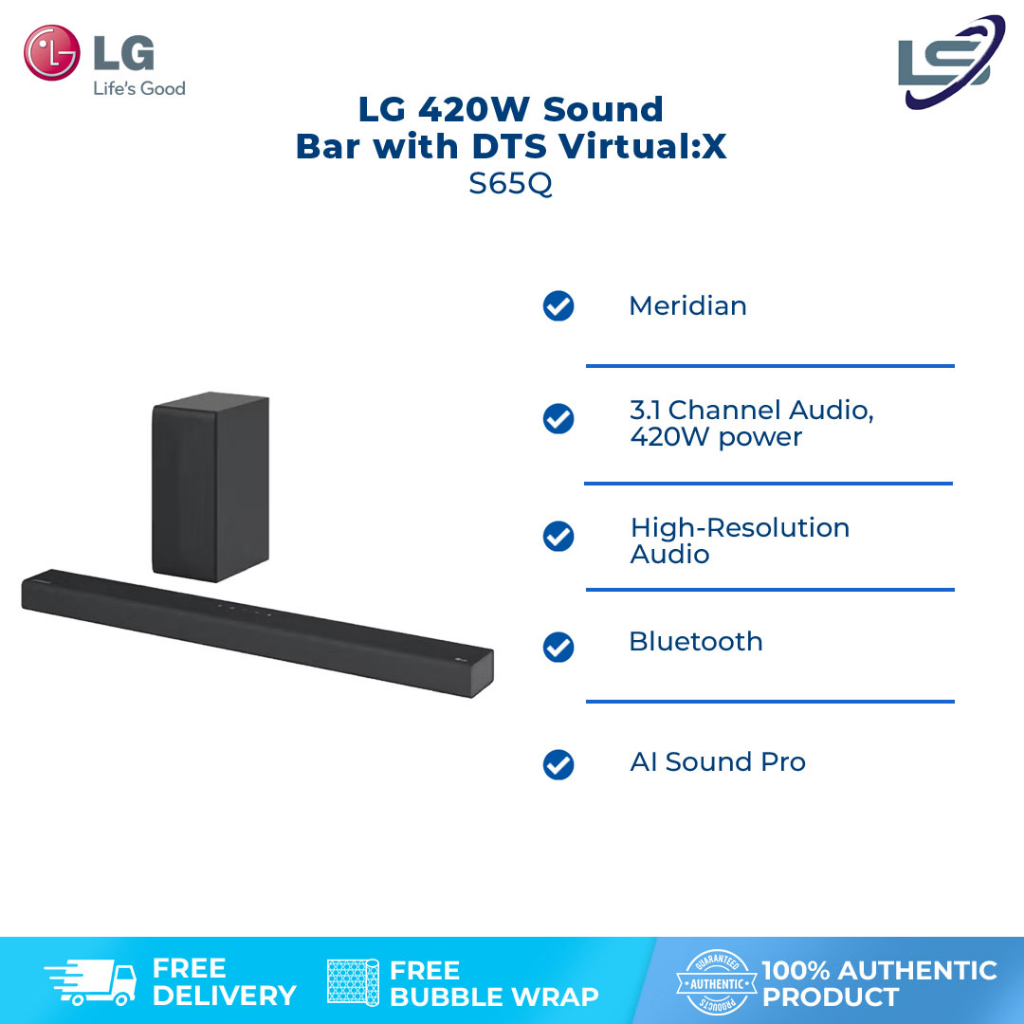 LG 420W Sound Bar with DTS Virtual:X S65Q | AI Sound Pro | Meridian | 3 ...