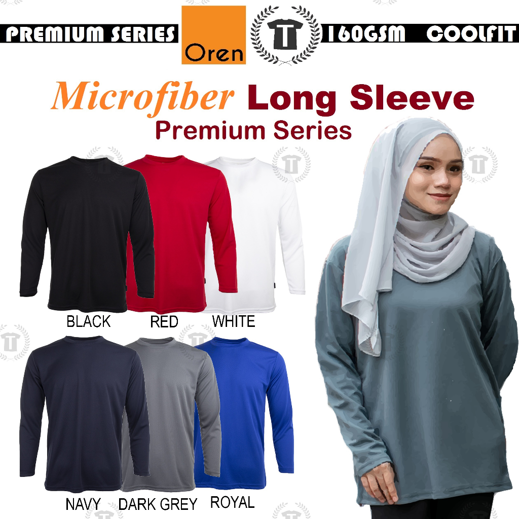 【Premium】Microfiber Long Sleeve Round Neck Shirt Black/Red/Navy/Dark ...