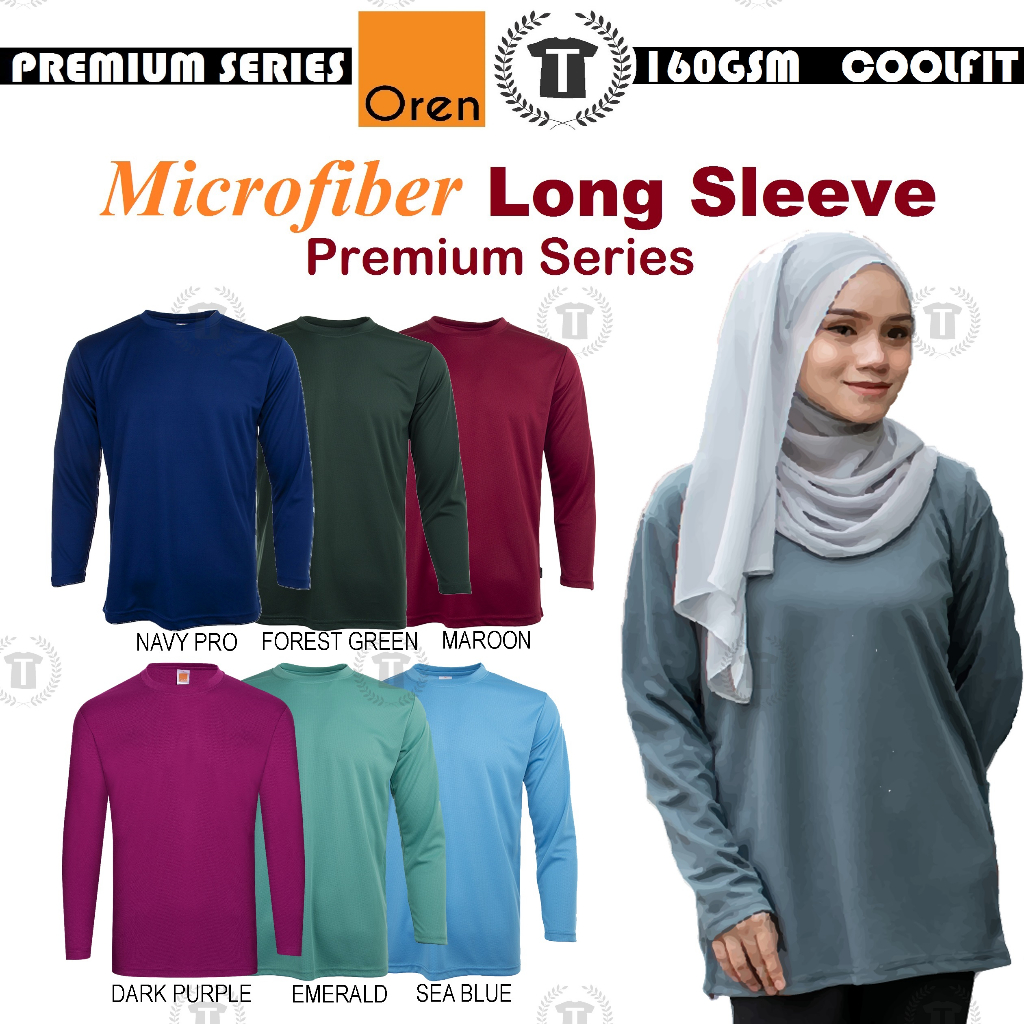 【Premium】Microfiber Long Sleeve Round Neck Shirt Navy Pro/Forest Green ...