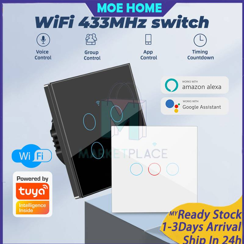 🔥Tuya WiFi Touch Smart Switch Light RF433 No Neutral Line Glass Wall UK 110V-220V Switch 1/2/3/4 ...