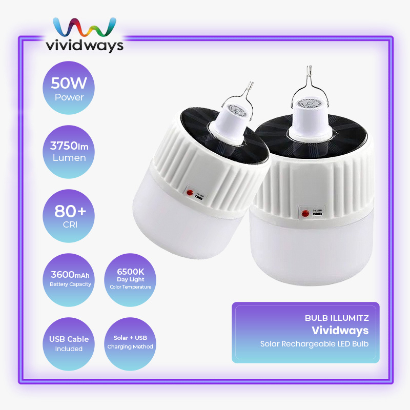 K2 VIVIDWAYS SOLAR RECHARGEABLE LED BULB ILLUMITZ 50W 6000K DAYLIGHT ...