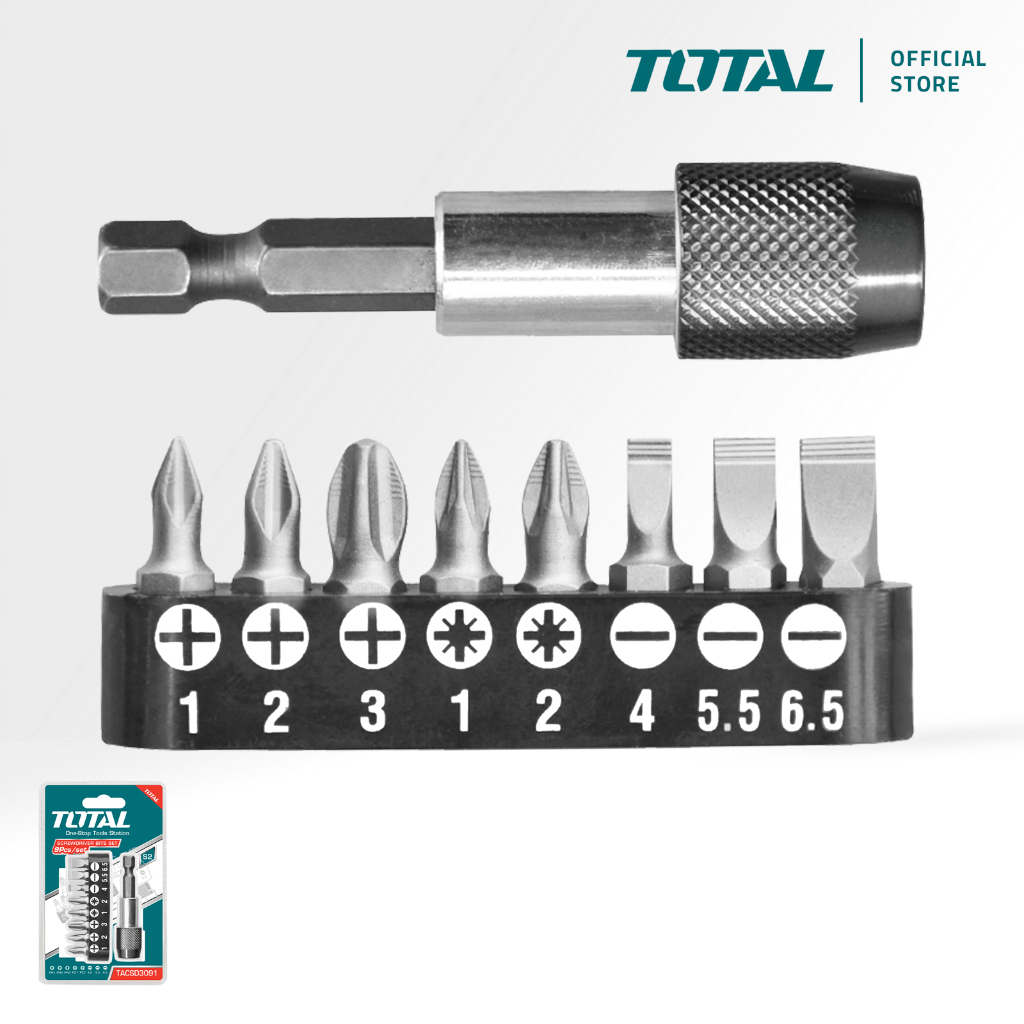 TOTAL Screwdriver Bits Set Size PH1, PH2, PH3, SL4.0, SL5.5, SL6.5, PZ1 & PZ2 + Magnetic Bit ...
