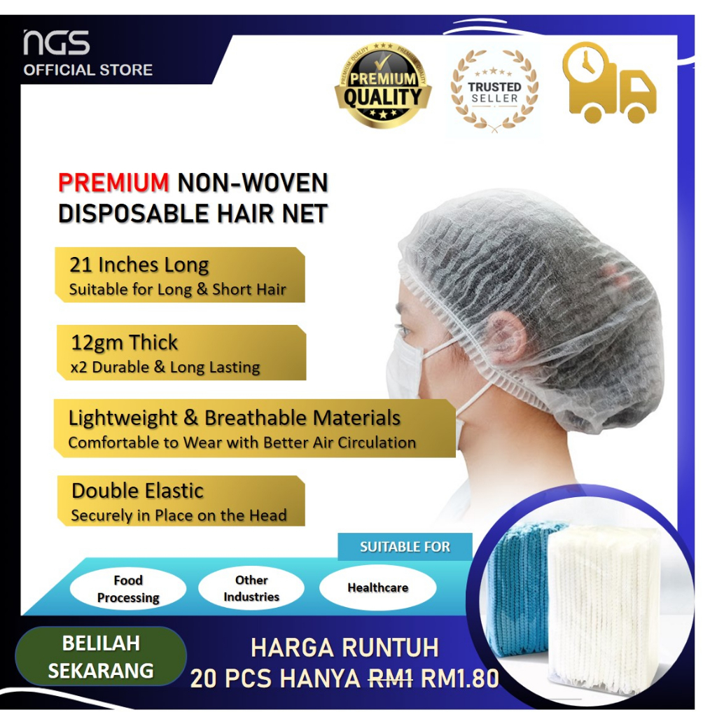 Hair Net Disposable Non Woven Double Elastic 21" Hair Cover Mob Cap ...