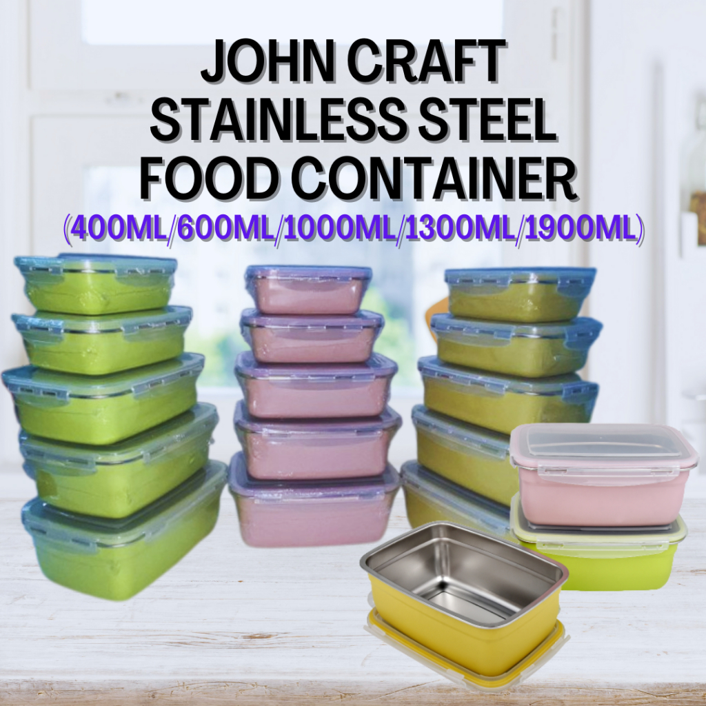 John Craft Food Safe Stainless Steel Food Container (Pink/Yellow/Green) (400ml/600ml/1000ml ...
