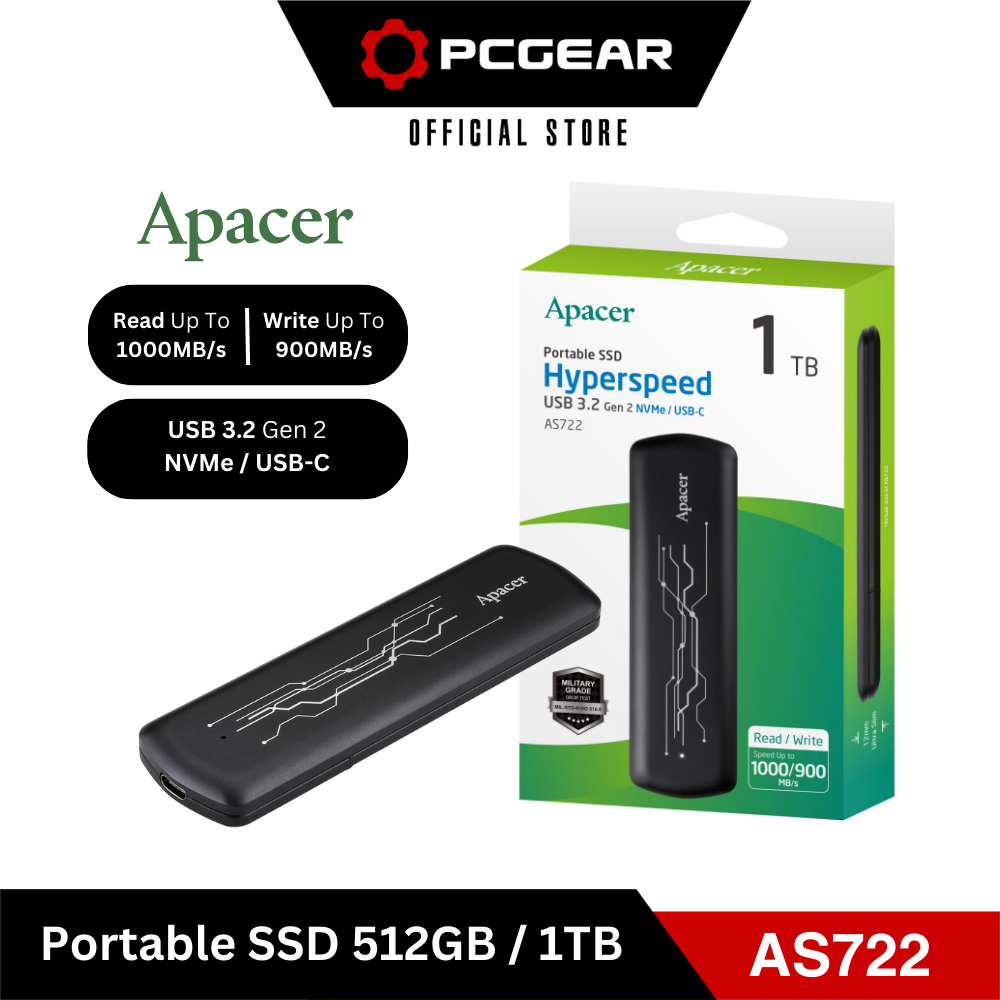 APACER 512GB / 1TB AS722 USB 3.2 Gen 2 USB-C Portable SSD - Aluminum ...