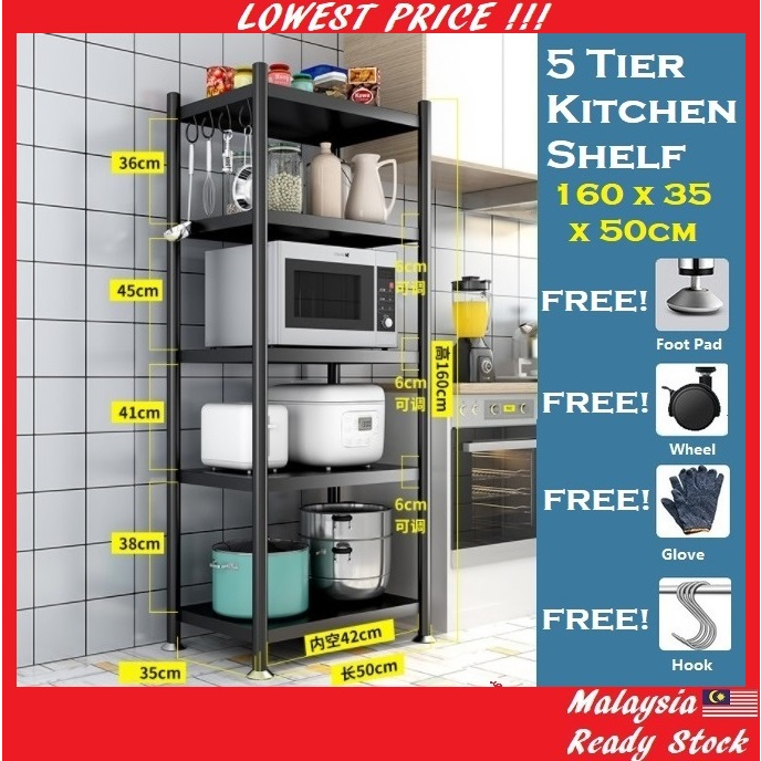 5 Tier Stainless Steel Storage Rack Kitchen Shelf Rak Dapur With Wheel ...
