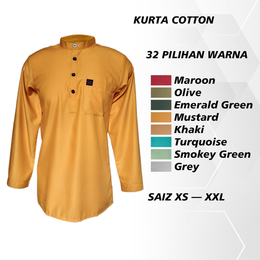 Kurta Moden Fit Cotton Warna Maroon | Olive | Emerald | Mustard | Khaki ...