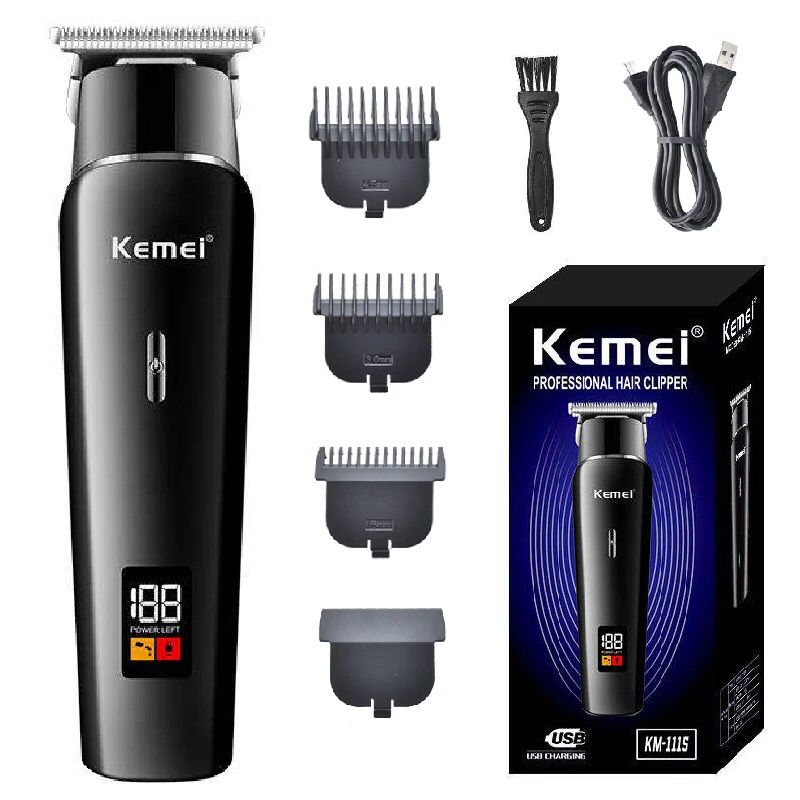 Kemei KM-1113 USB Low Noise Professional Cordless Portable Men's Hair Cut Clipper LED Barber ...