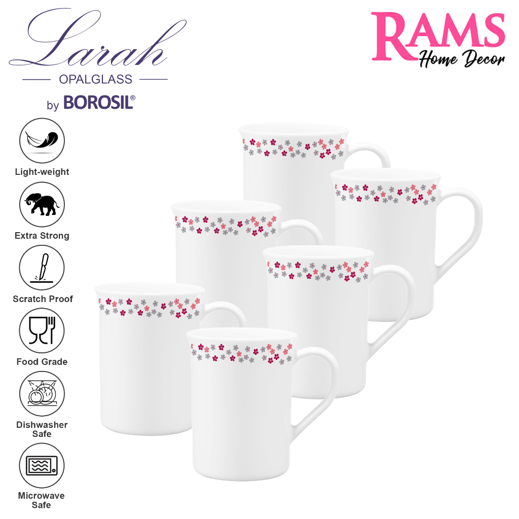 Borosil 6 Pcs 350ML Larah Series Opalware Mug Set / Glass Mug / Mug Coffee - Aster / Mist ...