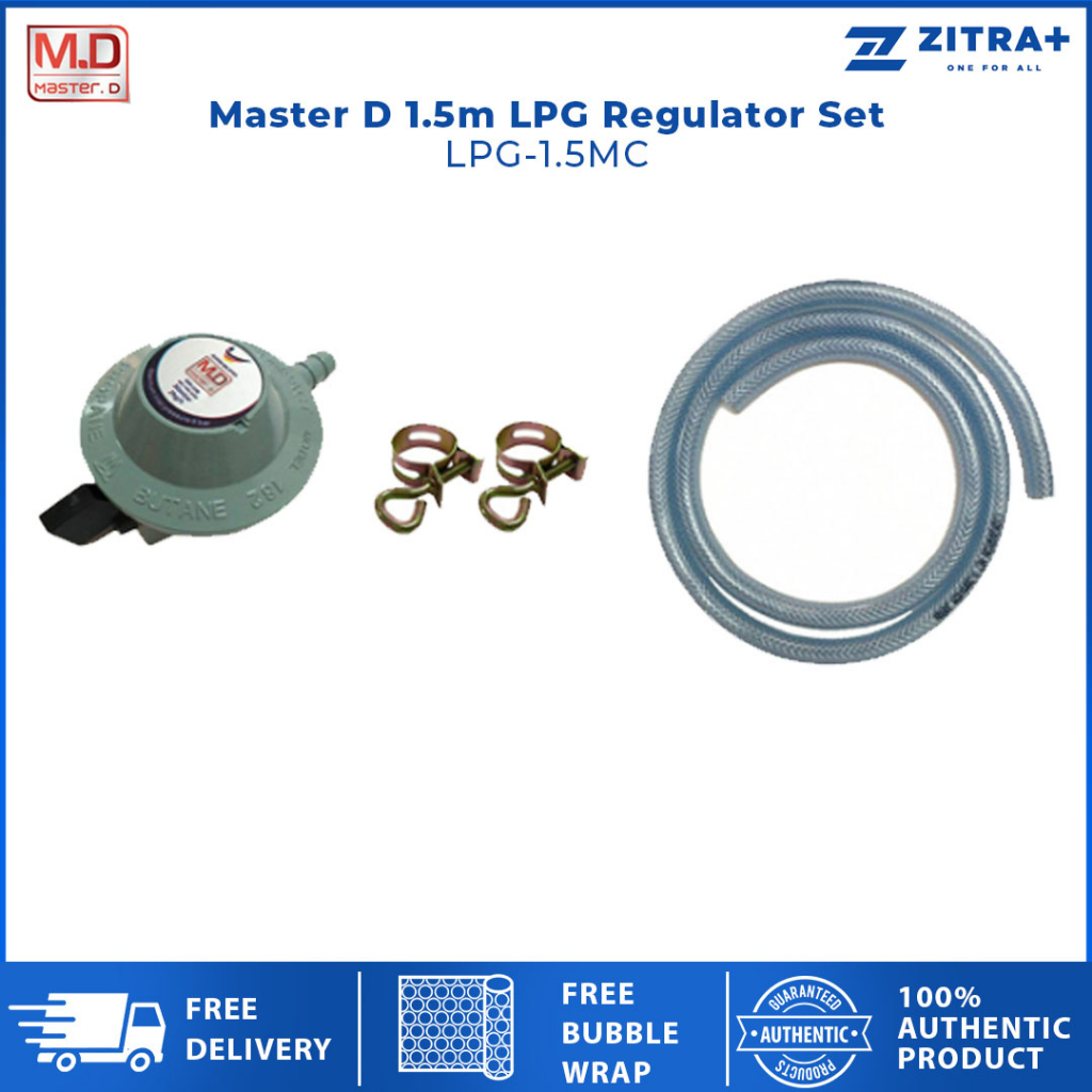 Master-D Low Pressure Gas Regulator Head LPG with 1.5M Hose Pipe & Clip SIRIM APPROVED LPG-1.5MC ...