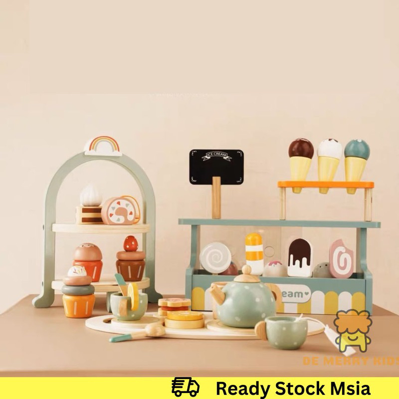 Wooden Tea Set Toy/Cake and Ice Cream Dessert High tea set/Kitchen ...