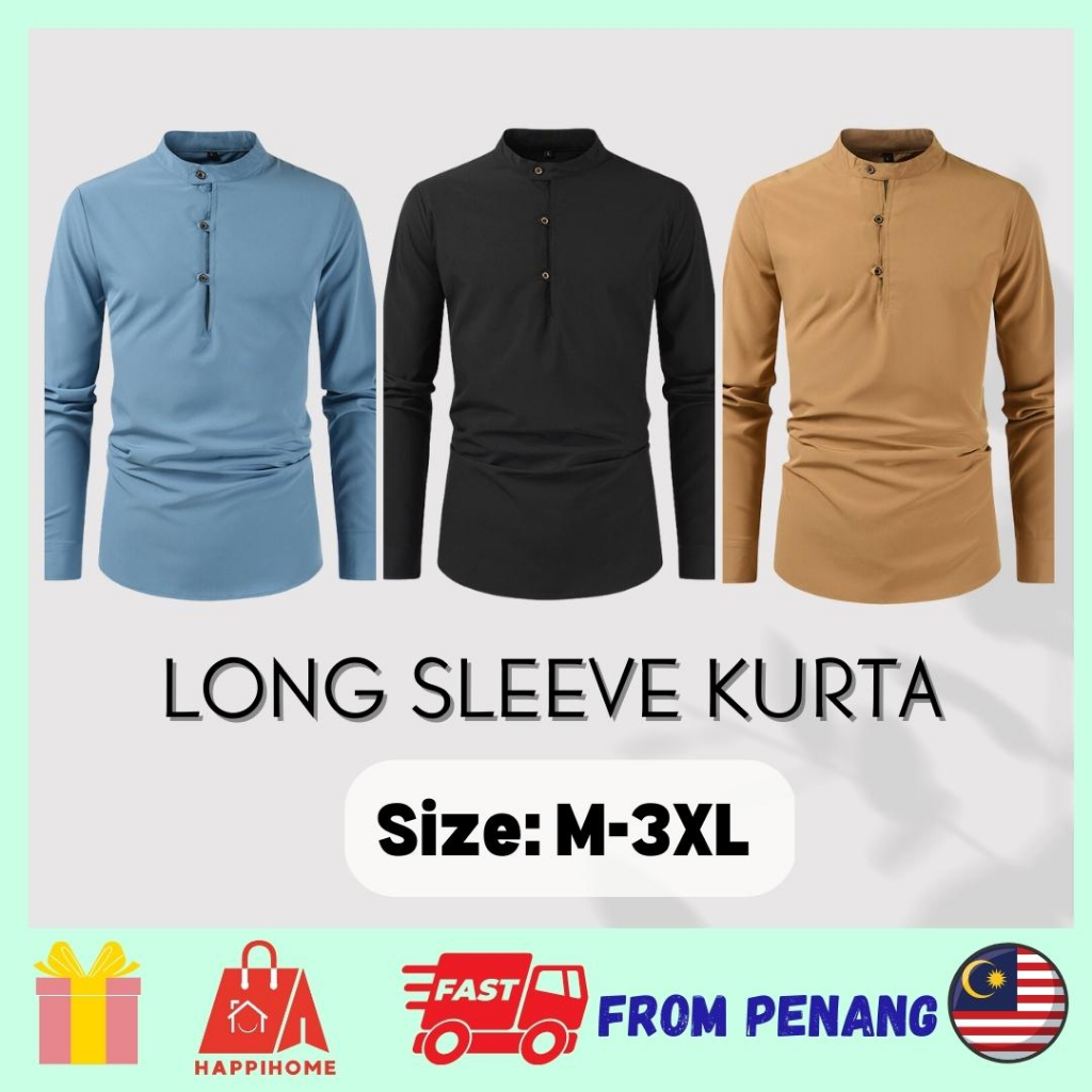 Baju Kurta Moden Biru Regular Fit Lelaki Plus Size Lengan Panjang Hitam ...