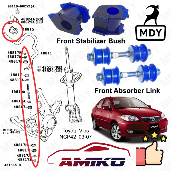Amiko Front Stabilizer Bar Bush / Link Toyota Vios NCP42 2002 - 2007 Anti Roll Bar Bush 48815 ...