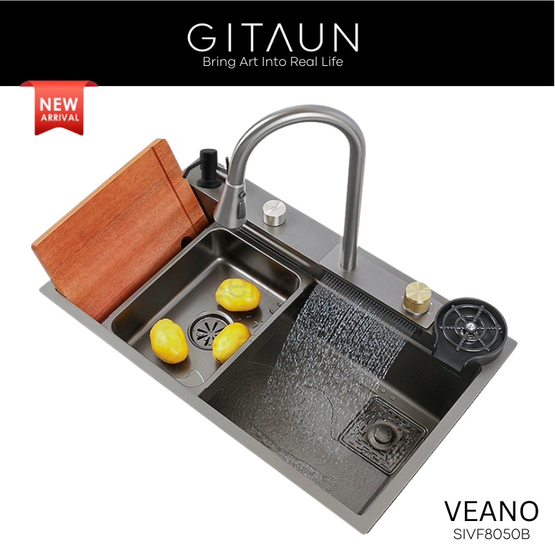 [VEANO] Nano Black Single Bowl Waterfall Faucet Kitchen Sink ...