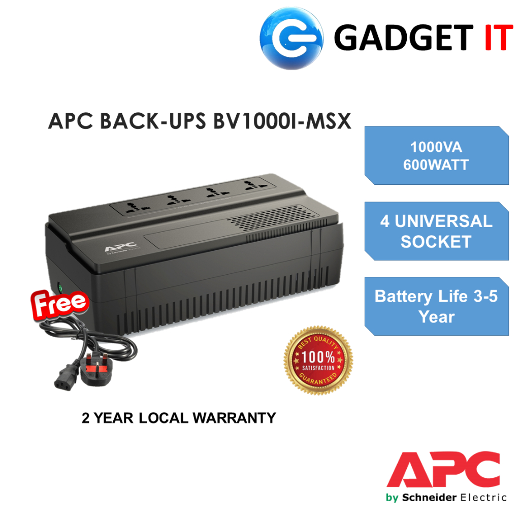 APC 1000VA 230V UPS BATTERY BACKUP BV1000I-MSX WITH UK 3PIN CABLE ...
