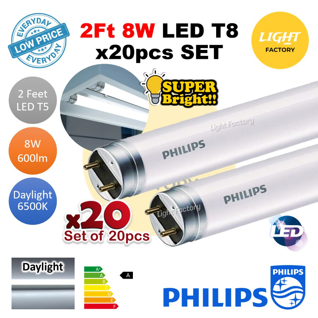 [SET of 10pcs/20pcs] PHILIPS ECOFIT 2ft8W 4ft18W LED T8 Fluorescent Tube Light Lampu Kalimantang ...