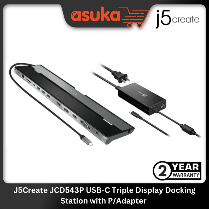J5Create JCD543P USB-C Triple Display Docking Station with P/Adapter (2 ...