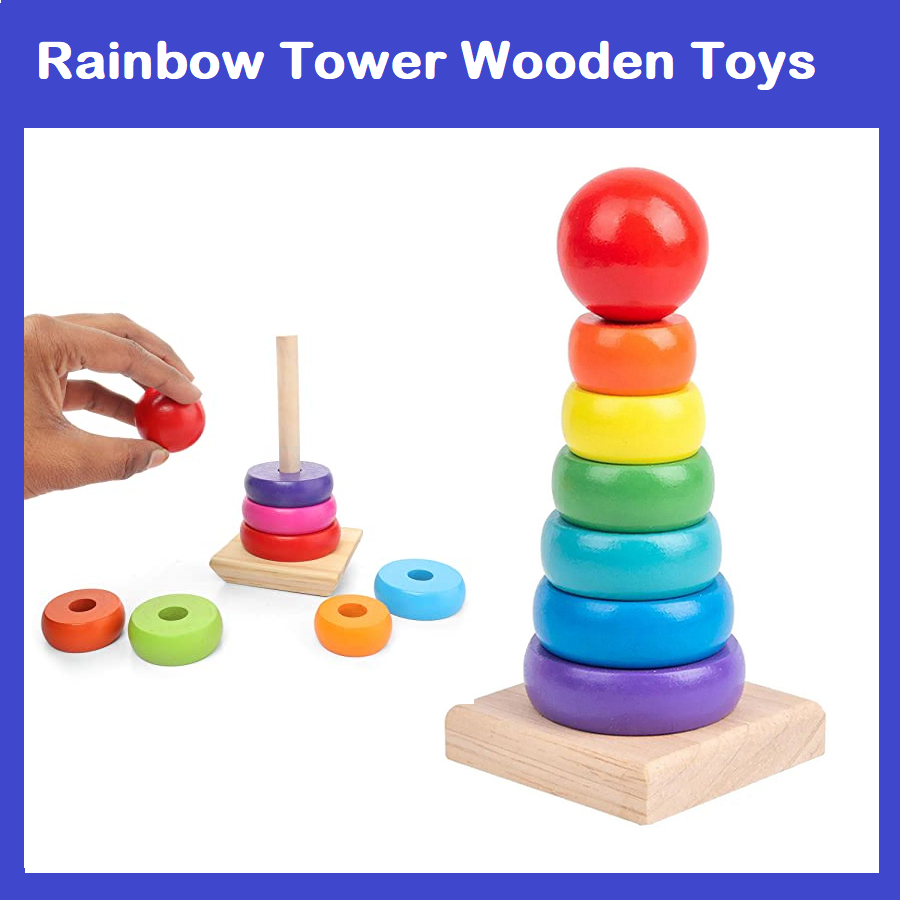 Rainbow Tower Wooden Toys Sorting Stacking Rings Building Puzzles Toys ...