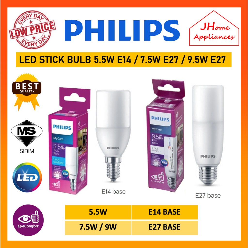 PHILIPS 5.5W E14 / 7.5W E27 / 9.5W E27 LED STICK BULB (WARM WHITE (3000K) / COOL WHITE (4000K ...