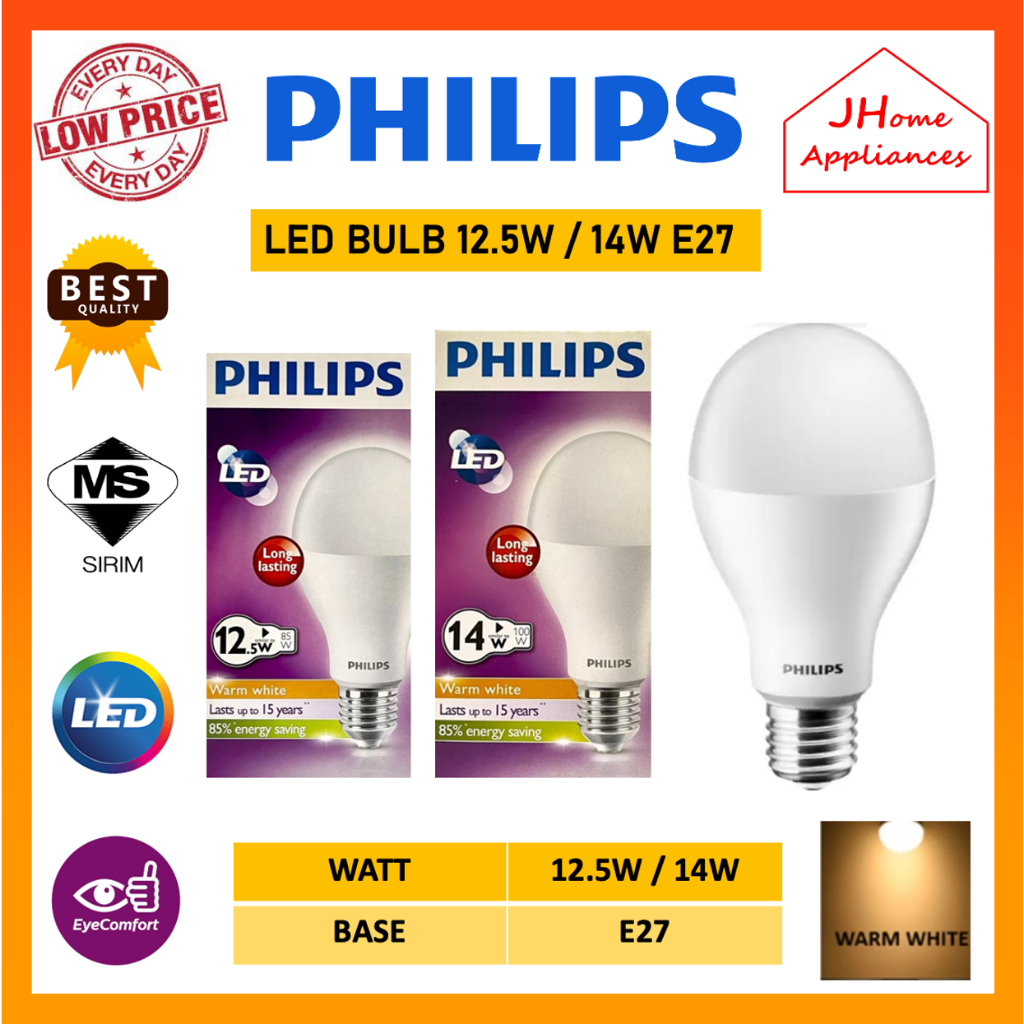 PHILIPS 12.5W E27 / 14W E27 LED BULB (WARM WHITE - 3000K) LAMPU ...