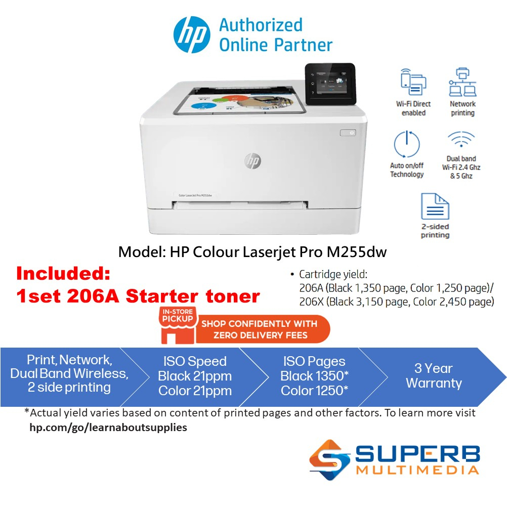 HP Color LaserJet Pro M255dw Printer (Print, Network, Wireless, Auto ...