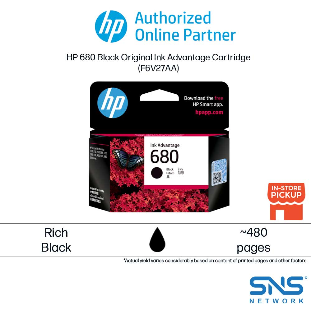 HP 680 Black Original Ink Advantage Cartridge F6V27AA - HP DeskJet Ink ...