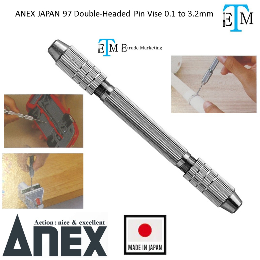 ANEX JAPAN 97 Double-Headed Pin Vise 0.1 to 3.2mm (Round Shaft Diameter) / Hand Drill Rotary Pin ...