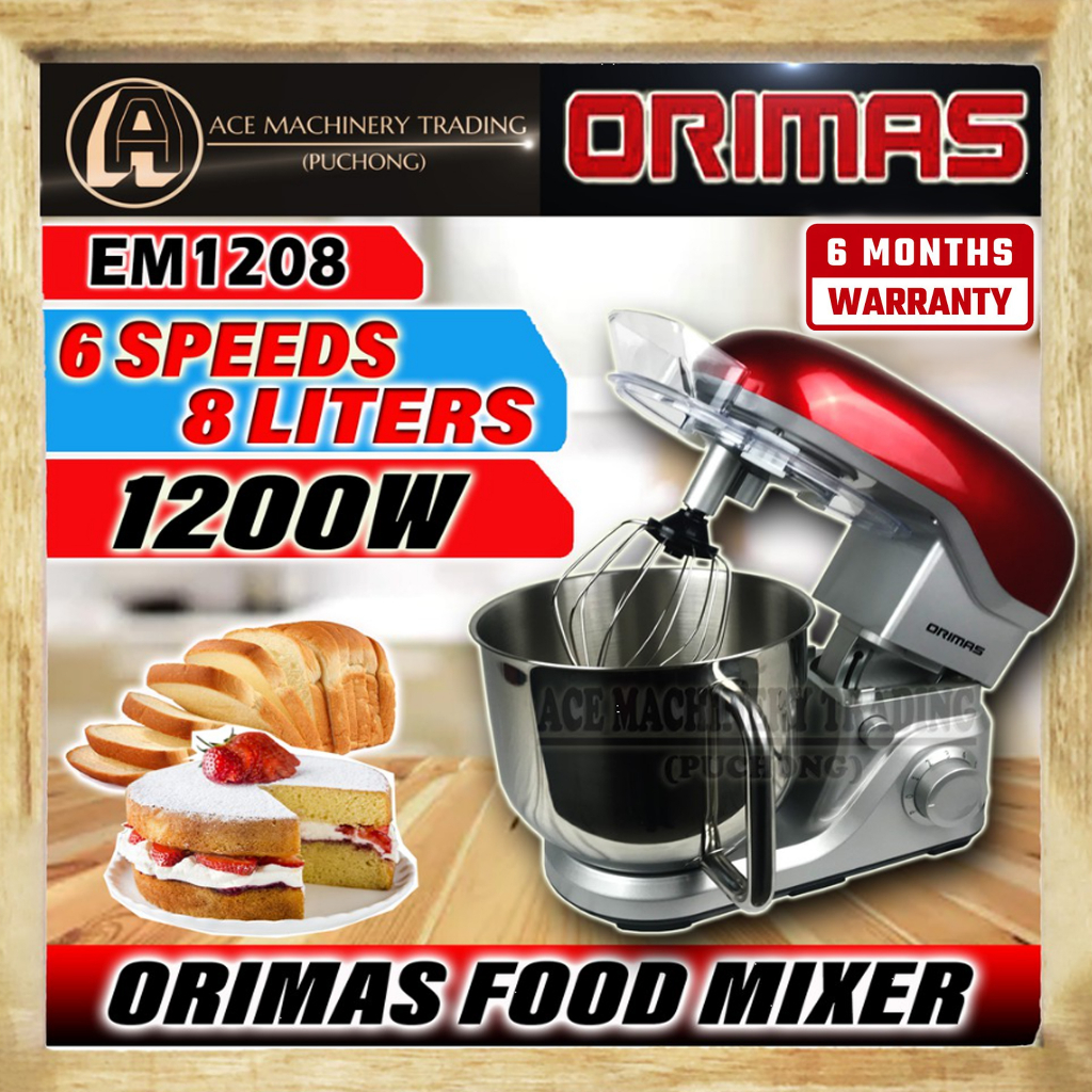 ORIMAS EM1208 Food Mixer Stand Mixer 8L 6 Speed 1200W 8 Liter Stainless ...