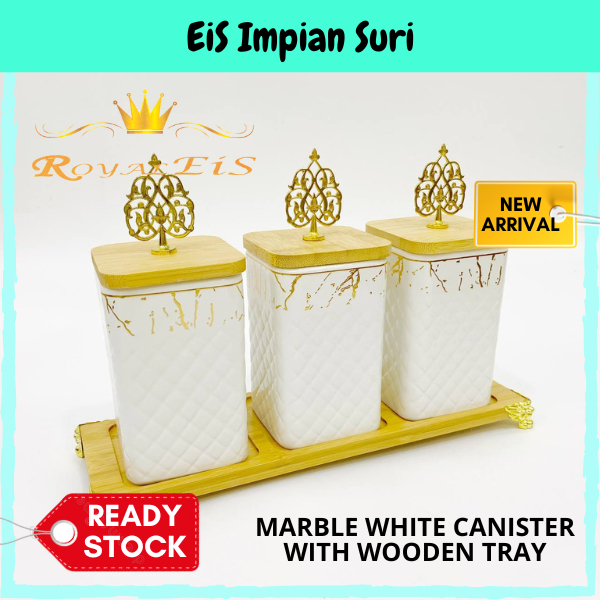 (Ready Stock!!) Royal Eis Marble White Canister Set with Wooden Tray ...