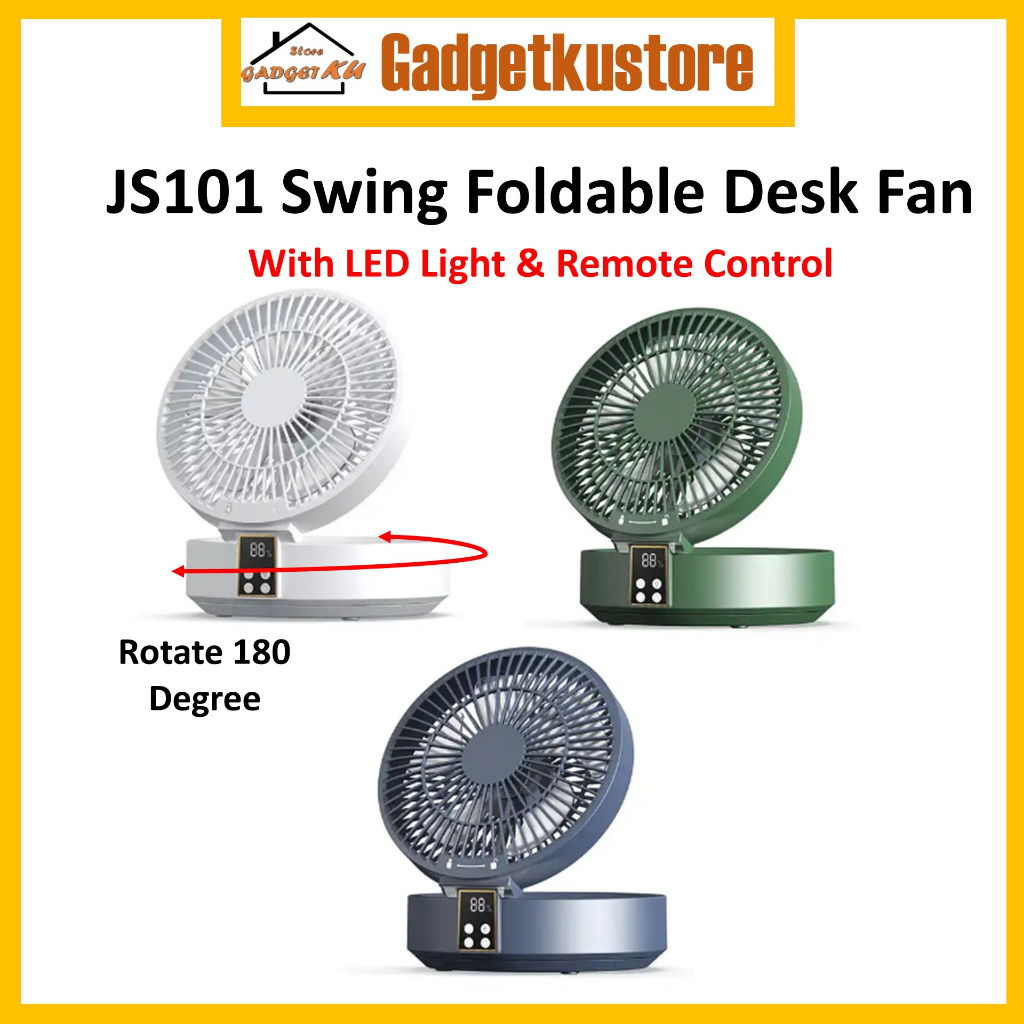 [CLEARANCE STOCK] JS101 Portable Swing Foldable Desk Fan With Led Light & Remote Rechargeable ...