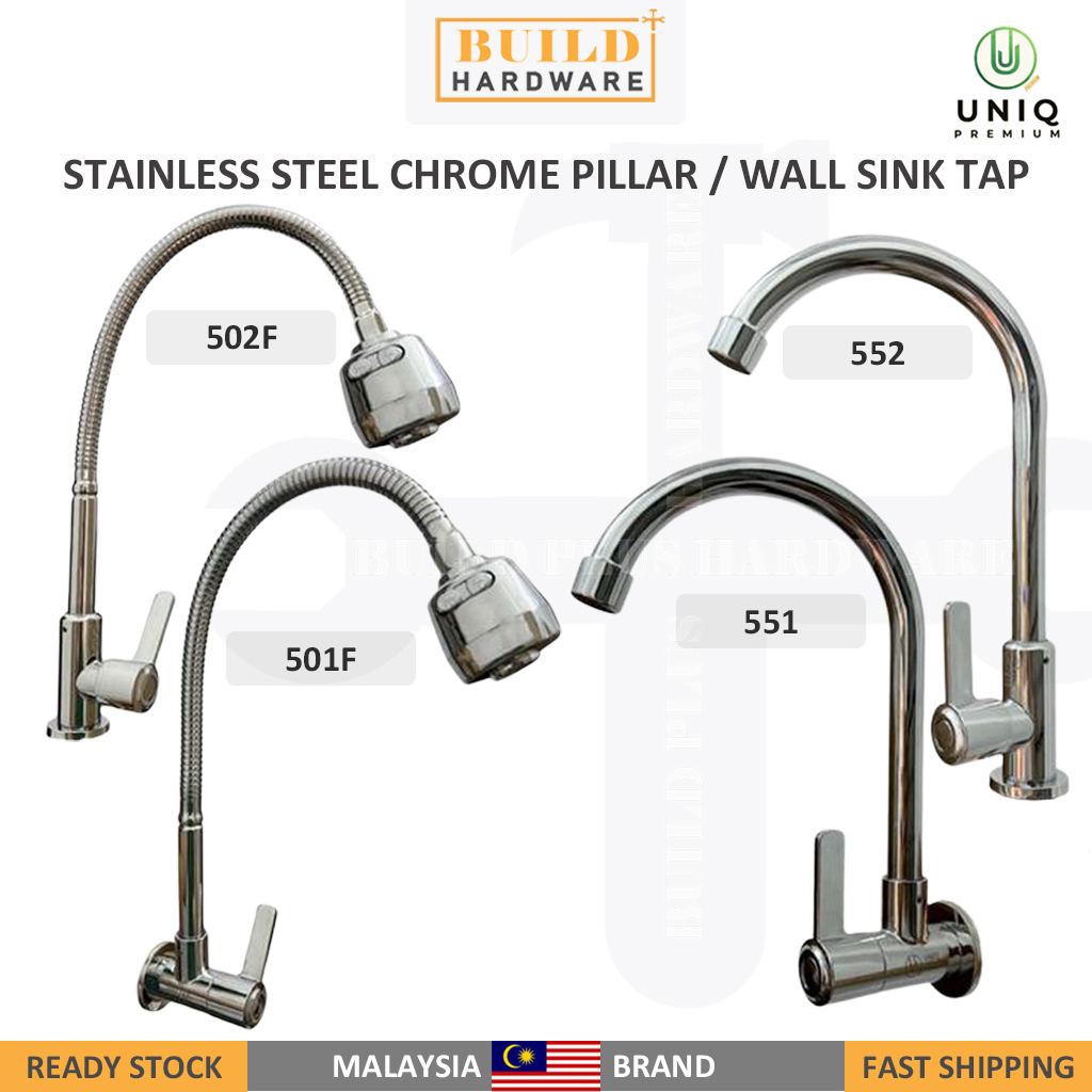 UNIQ PREMIUM Stainless Steel Chrome Wall/Pillar Flexible Water Sink Tap ...