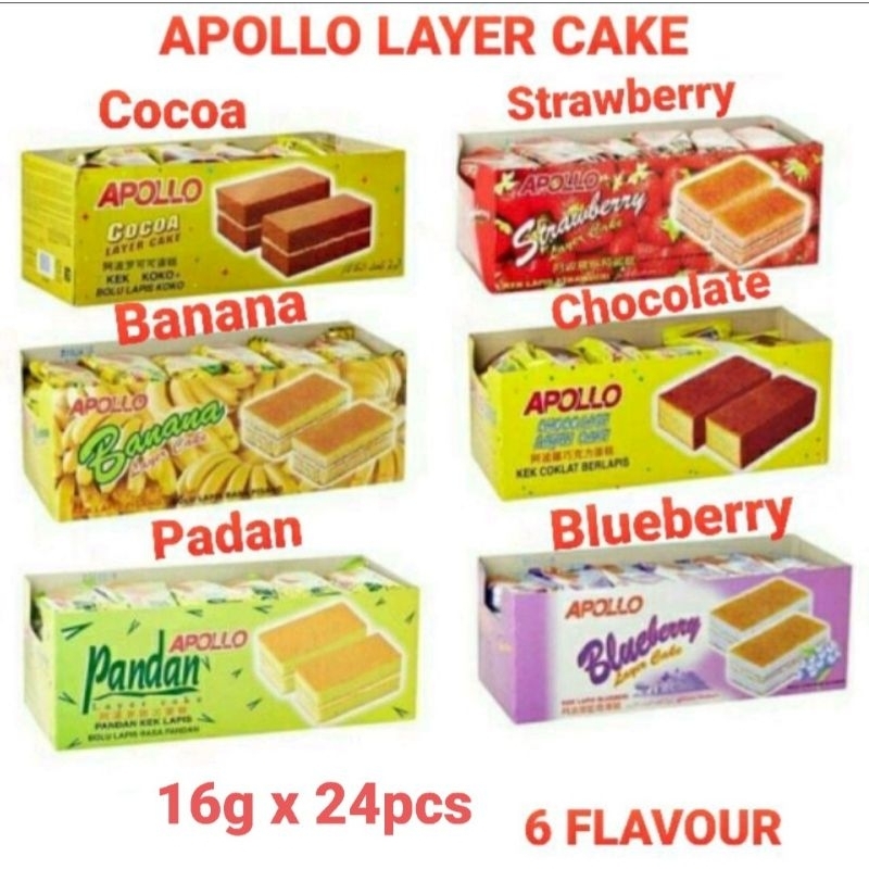 APOLLO LAYER CAKE (16gx24pcs)CHOCOLATE/PANDAN/STRAWBERRY/COCOA/BANANA ...