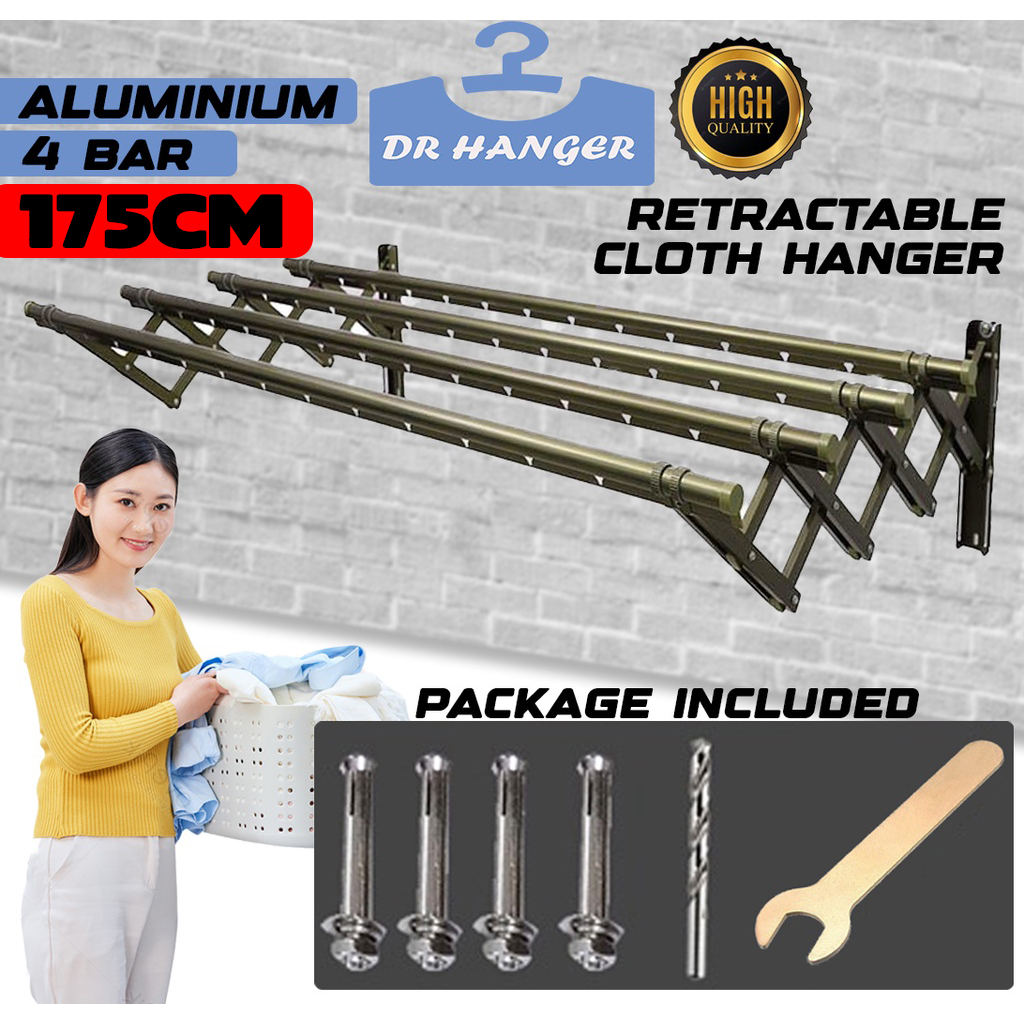 175CM X 4 BAR Foldable Clothes Drying Rack Outdoor Wall Mounted ...