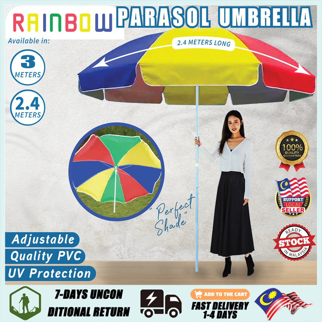 【L】2.4m 3m Rainbow Parasol Umbrella Round Umbrella With Stand Beach ...